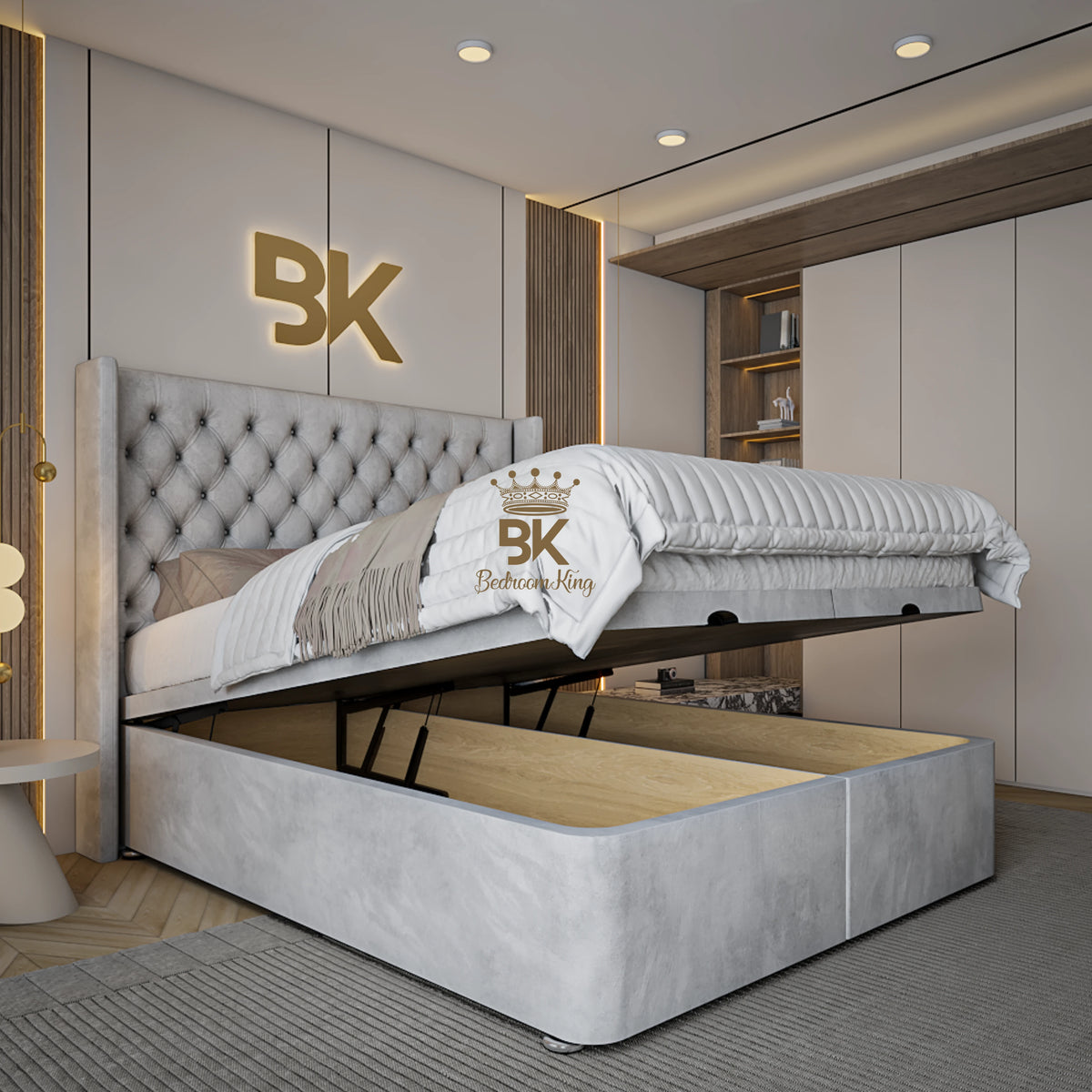 Kairo Divan Ottoman Storage Bed Frame - Silver Plush Velvet - Bedroomking