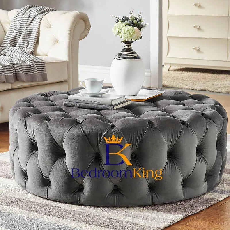 Oliviana Chesterfield Pouffe Pictured In Soft Grey Velvet – Bedroomking